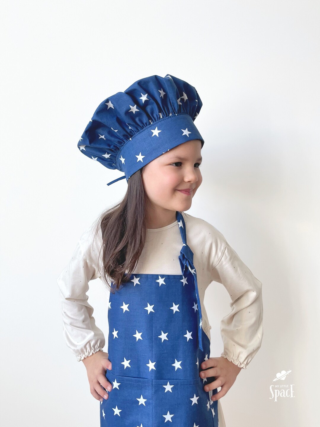 Kids Apron and Chef's Hat Set, Blue White Stars Bib Apron With Pockets ...