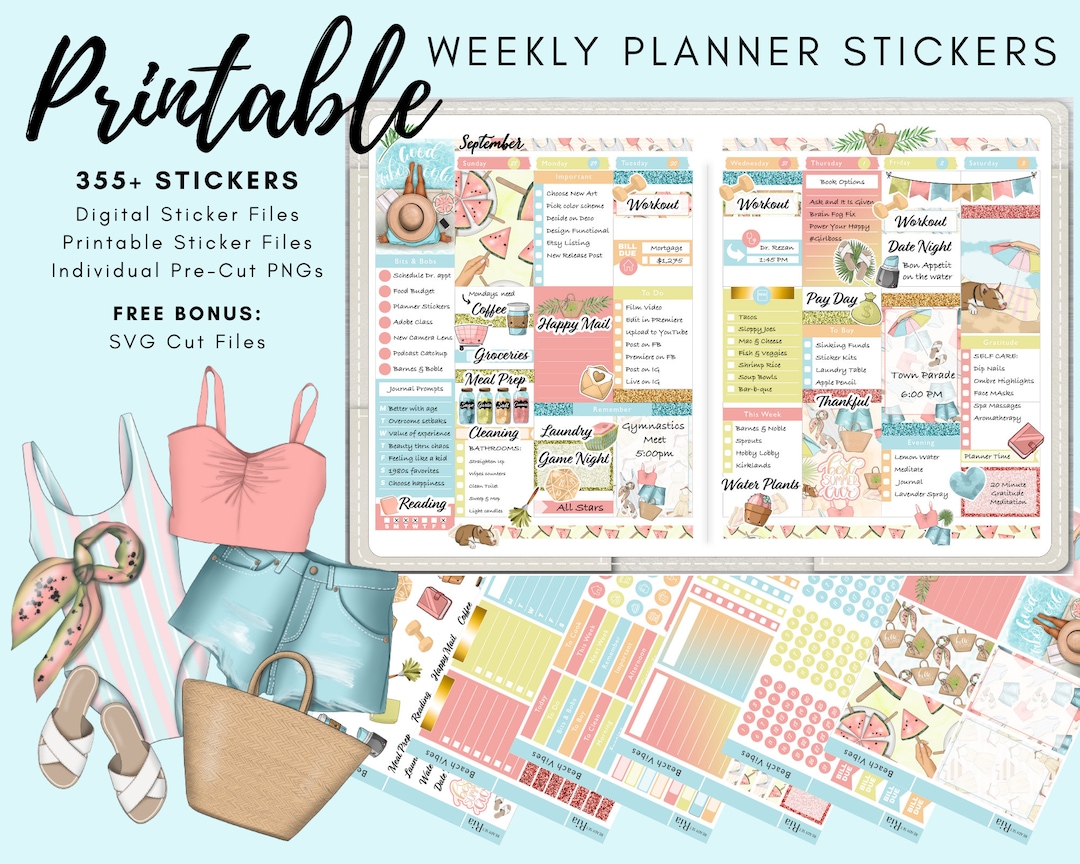 PRINTABLE STICKERS Weekly Planner Kit Beach Vibes Summer Beach Theme - Etsy