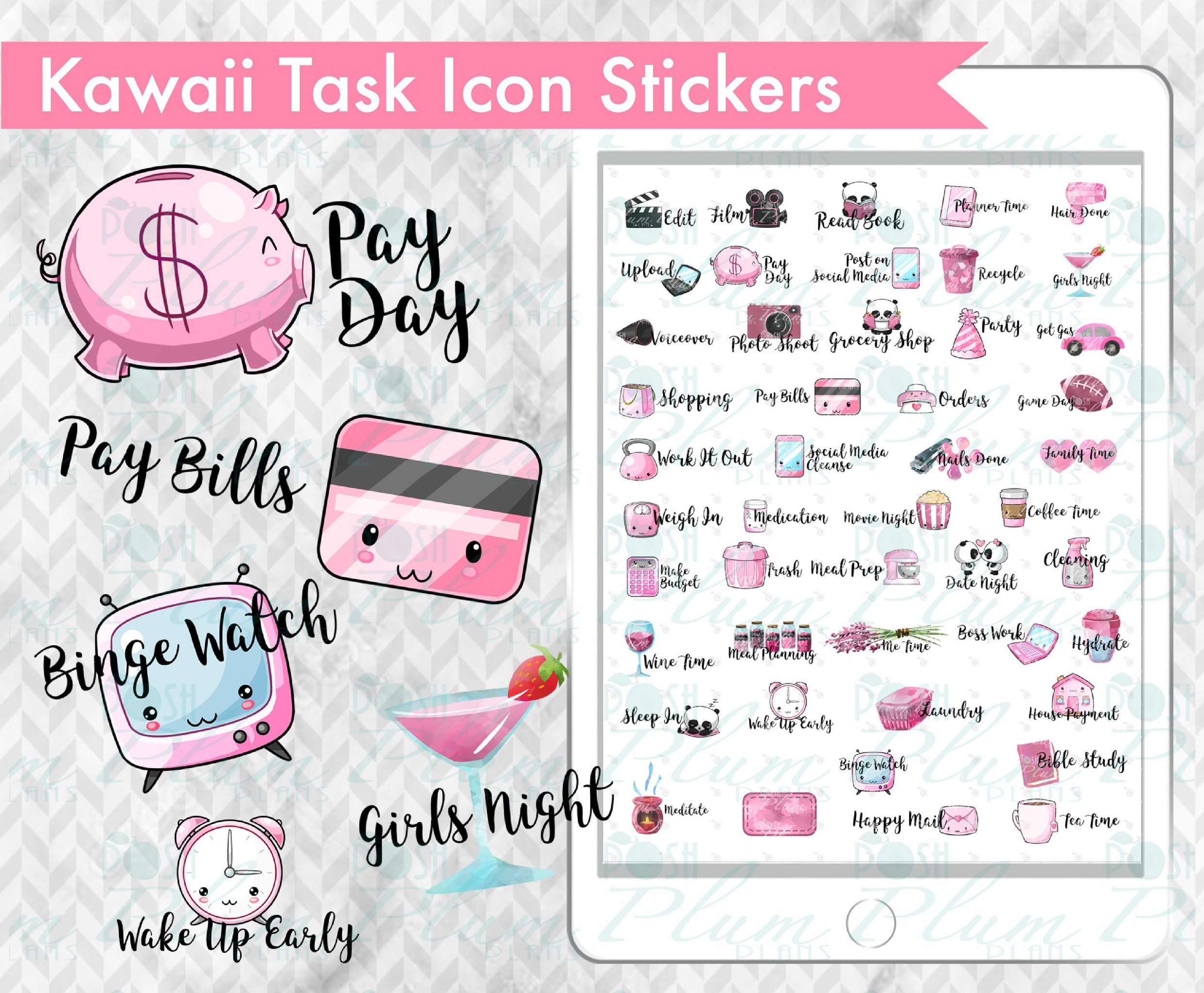 Pink Kawaii Stickers Tasks and Icons Stickers - Etsy
