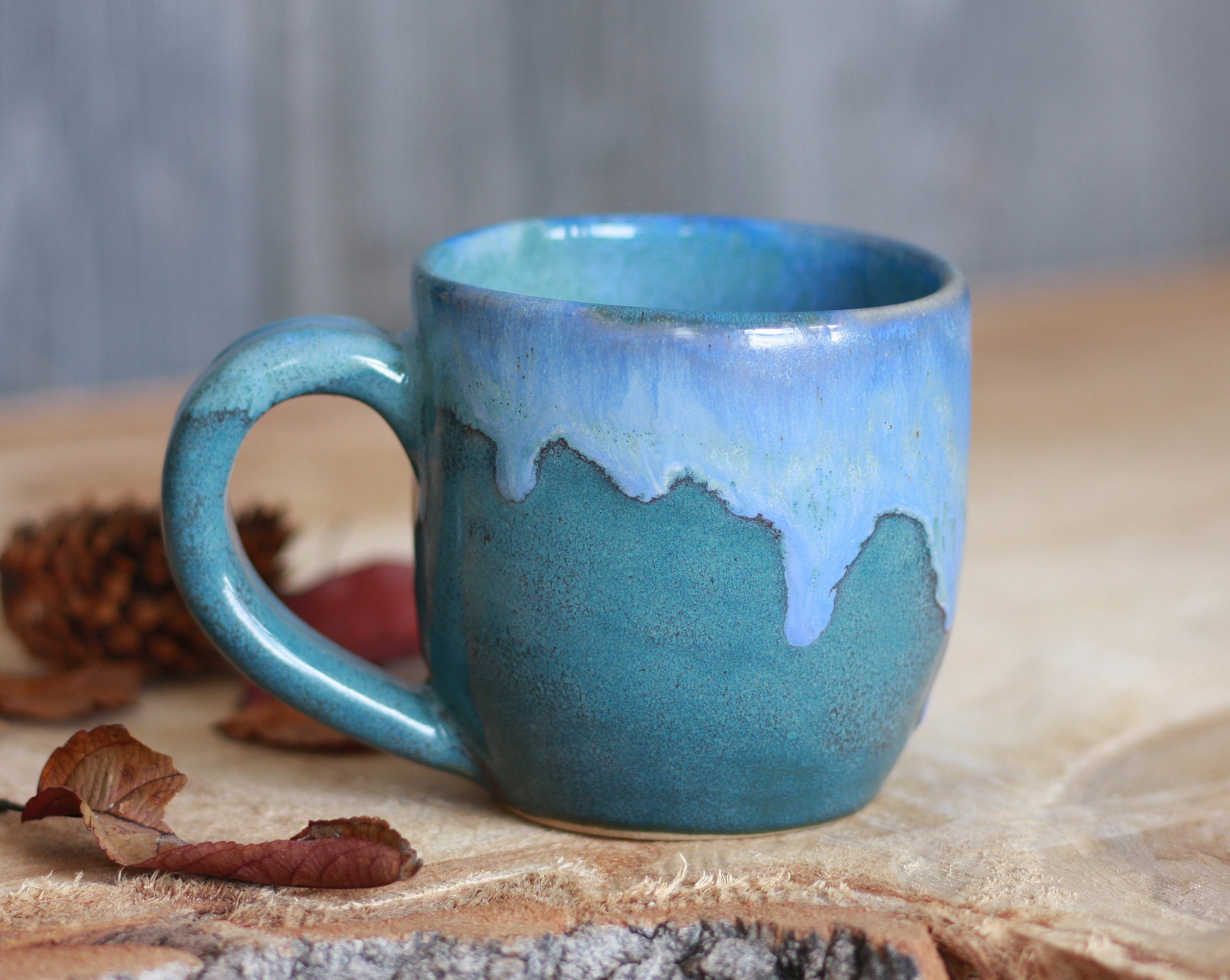 Rustic Handmade Ceramic Pottery Coffee Mug, Teal W Blues Mauve Drippy ...