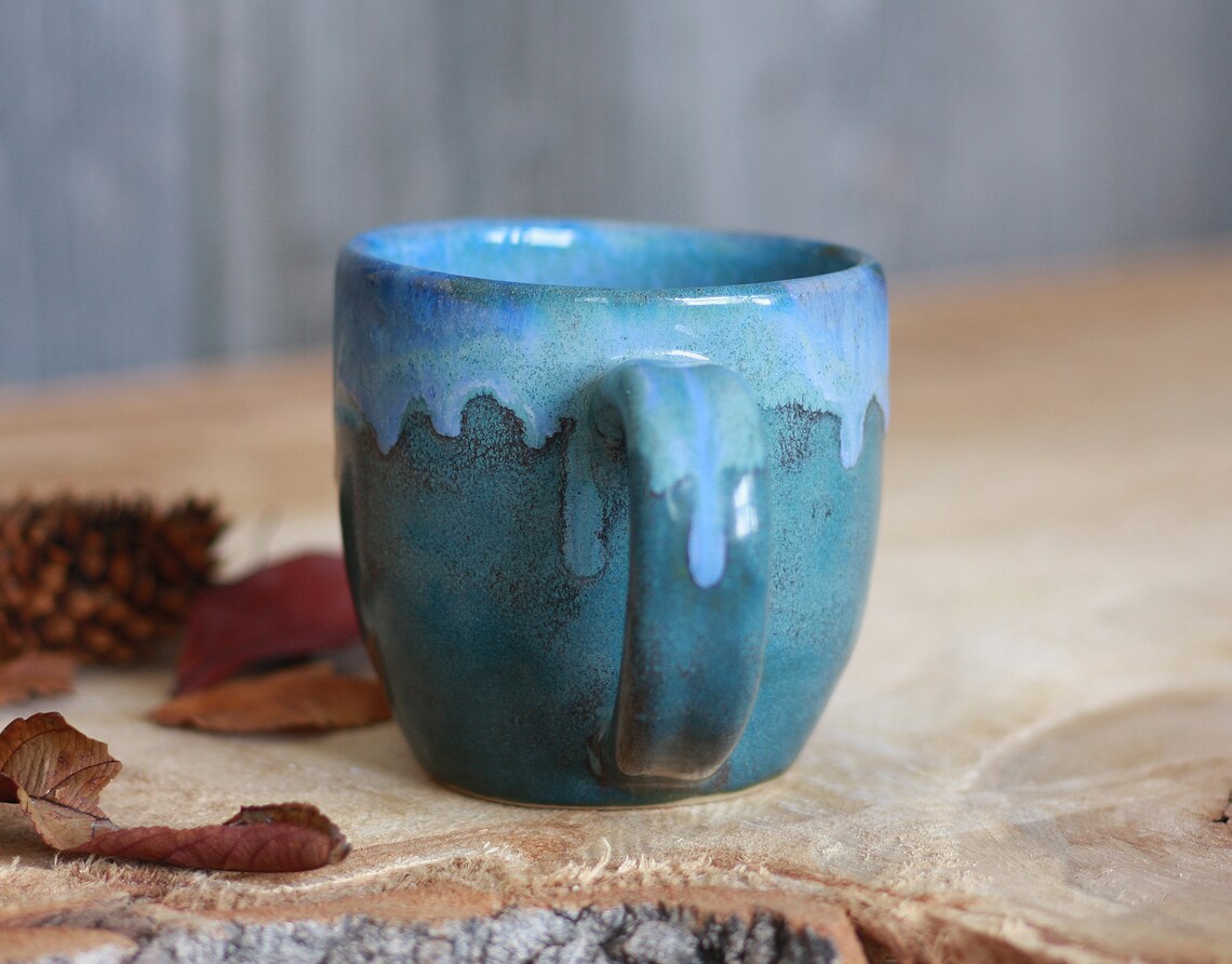 Rustic Handmade Ceramic Pottery Coffee Mug, Teal W Blues Mauve Drippy ...