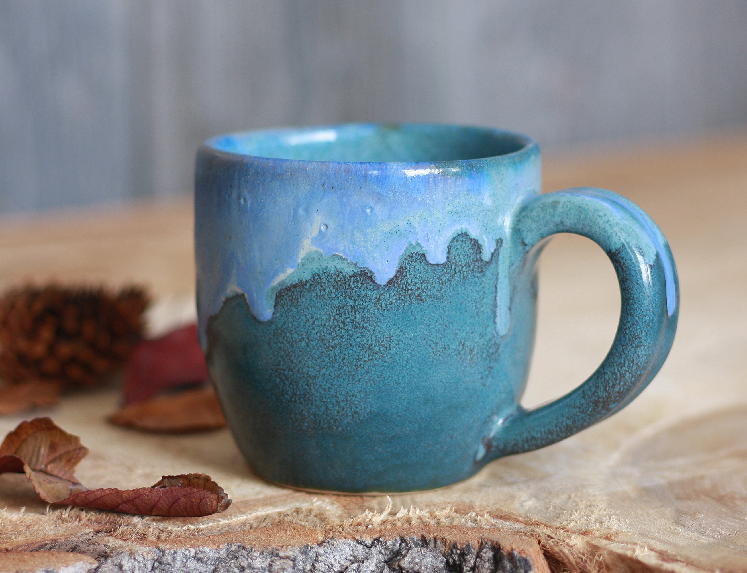 Rustic Handmade Ceramic Pottery Coffee Mug, Teal W Blues Mauve Drippy ...