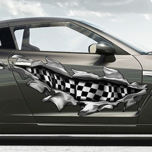 3D Checkered Flag Car Wrap, Ripped Metal Racing Flag Car Decal ...