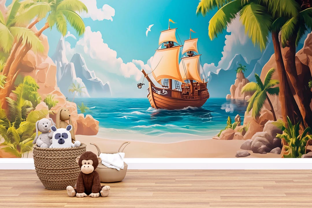 Tropical Pirate Ship Wall Mural – Island Adventure Wallpaper for Kids ...