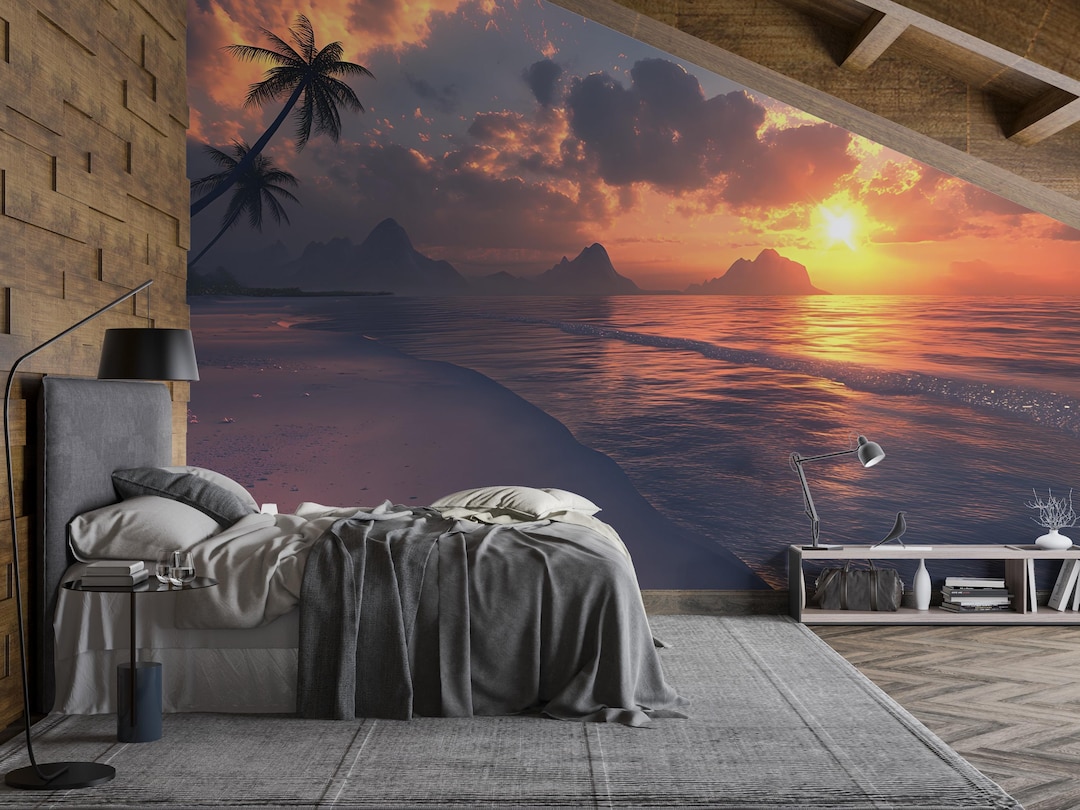 Sunset Beach Wall Mural – Tropical Ocean View Wallpaper – Relaxing ...