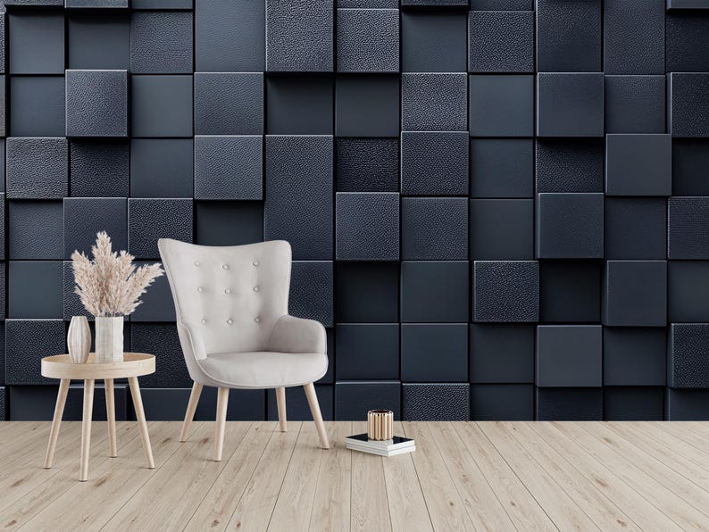 Modern 3D Black Square Wall Mural – Geometric Textured Wallpaper ...