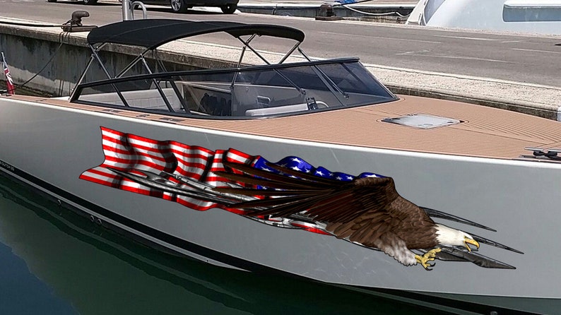 USA Flag Boat Wrap – 3D Ripped Metal Bald Eagle Vinyl Decal – Patriotic ...