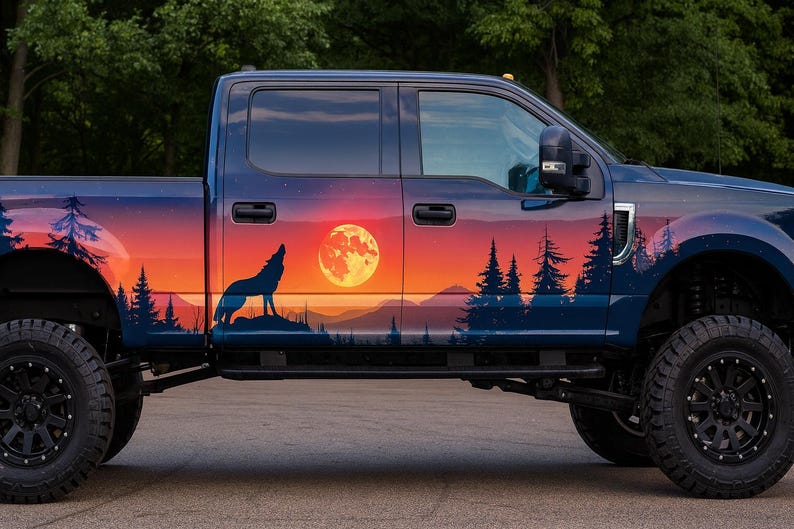 Wolf Moon Sunset Car Wrap | Forest Silhouette Vinyl | Wildlife Night ...