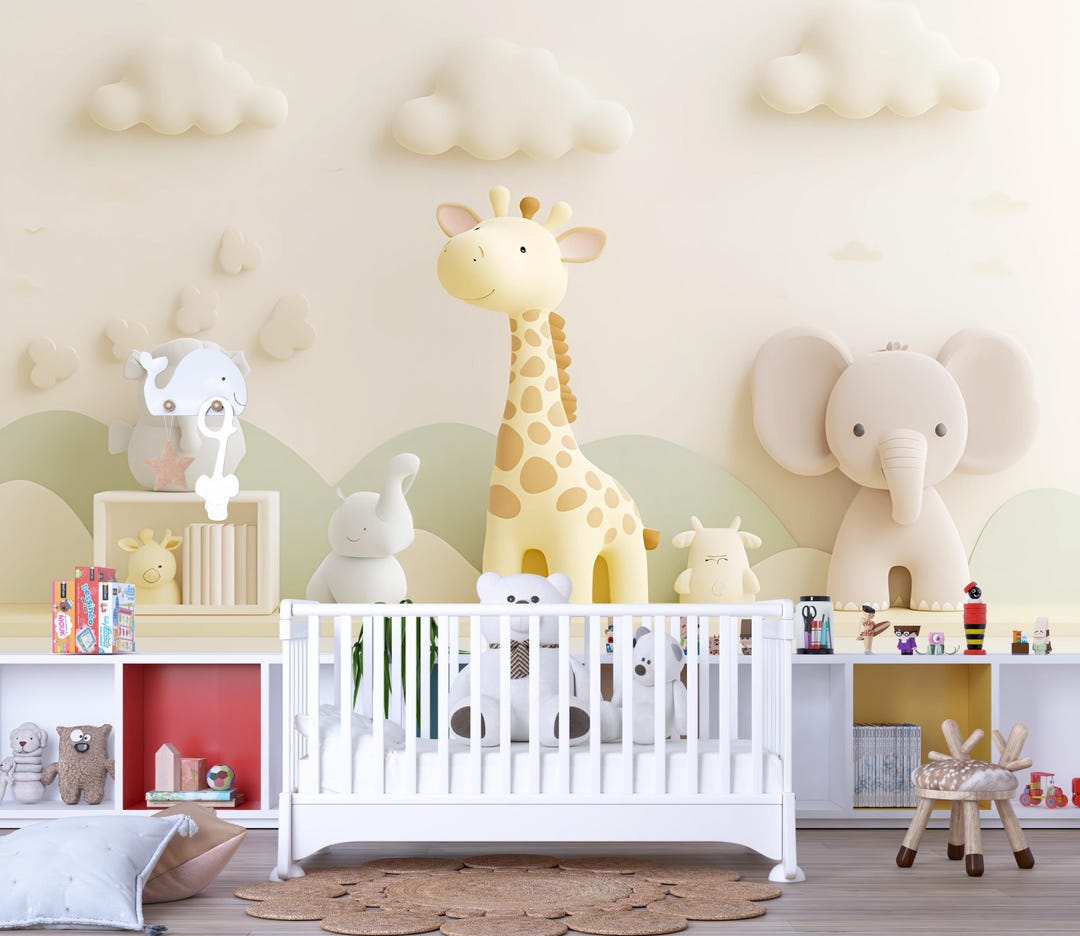 Neutral Safari Animal Nursery Wall Mural – Giraffe & Elephant Baby ...