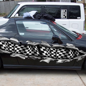 Ripped Metal Checkered Flag Car Decal, 3D Checkered Flag Car Wrap ...