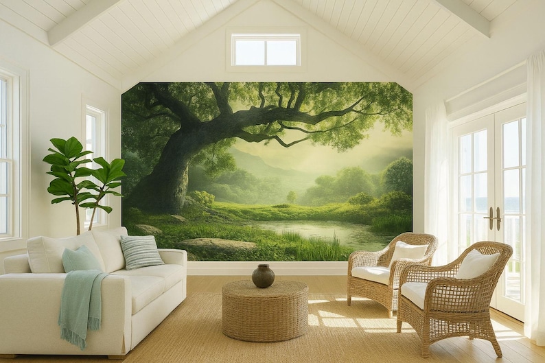 3D Enchanted Tree Forest Wallpaper | Lush Green Meadow Landscape Mural ...