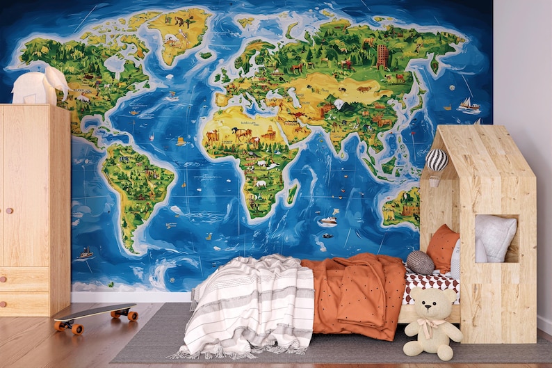 Illustrated Kids World Map Mural – Peel and Stick Educational Wallpaper ...