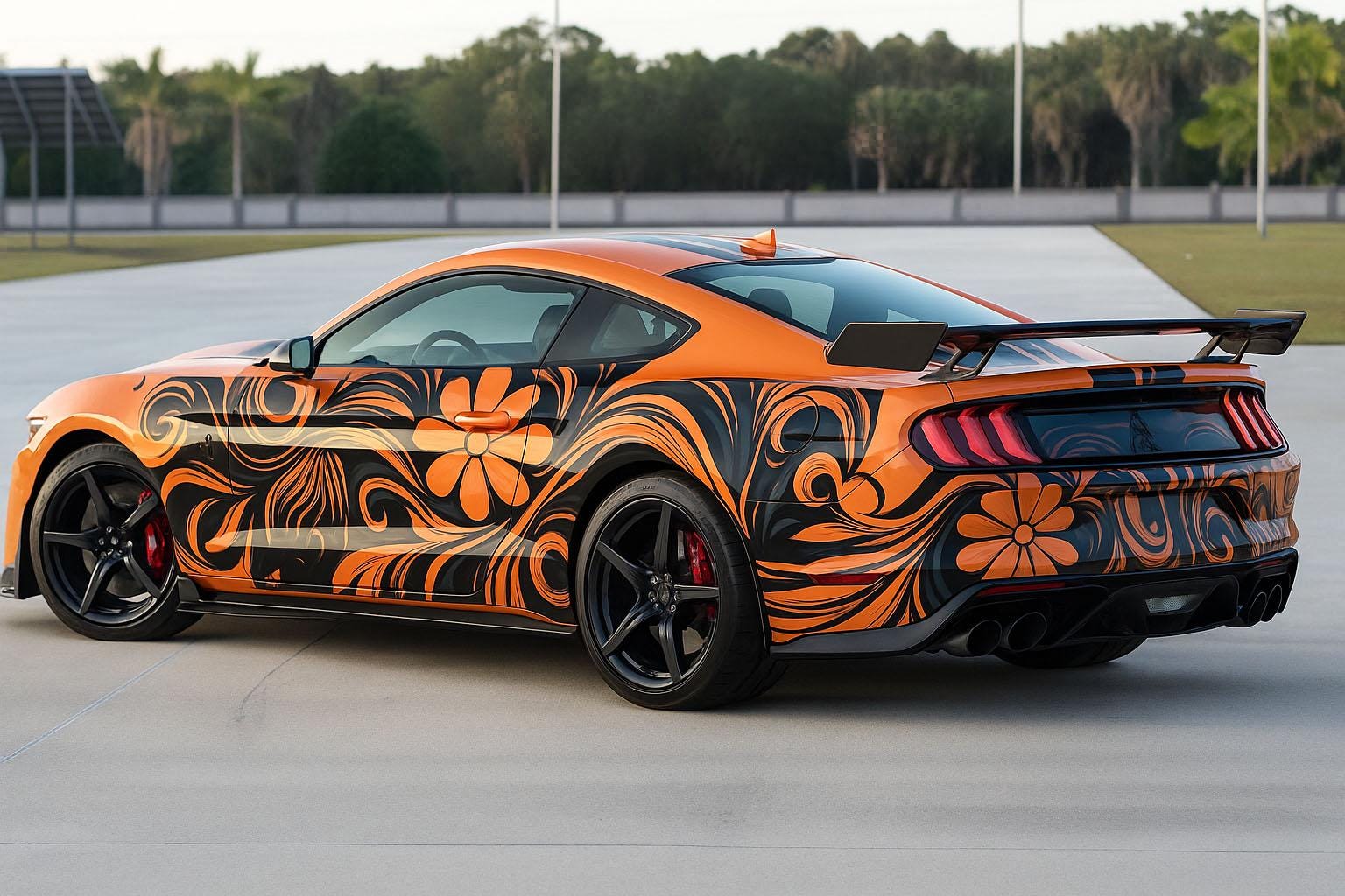 Orange Floral Swirl Car Wrap – Custom Bold Vinyl Graphic With Retro ...