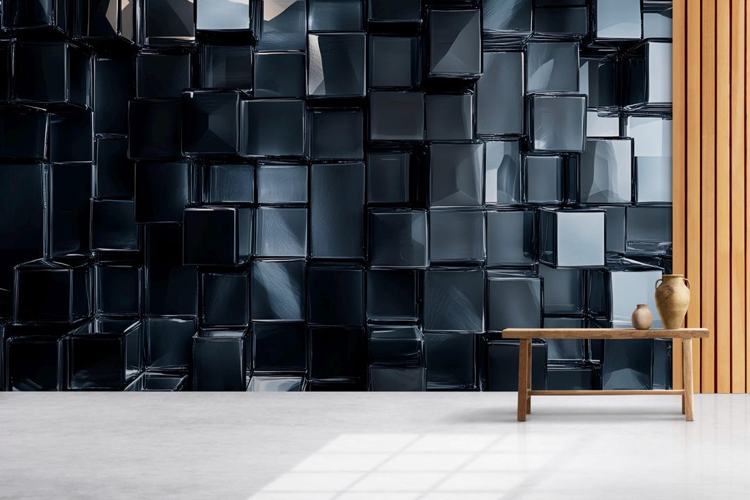 3D Black Glass Cube Wallpaper – Modern Textured Wall Mural With ...