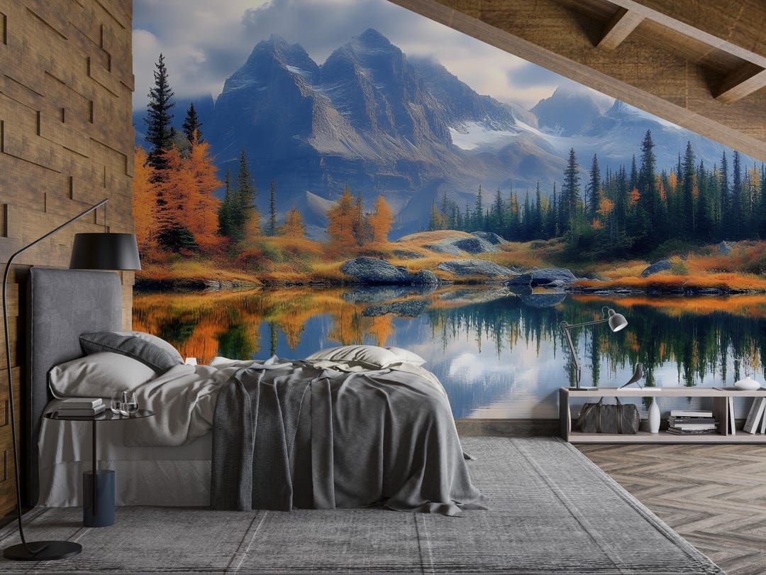 Mountain Lake Autumn Mural – Fall Forest Scenic Wallpaper – Peel ...