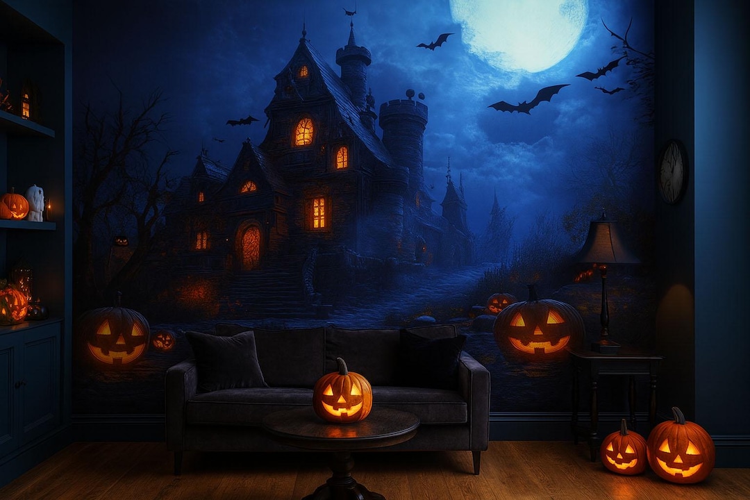 Haunted Castle 3D Halloween Wallpaper – Spooky Mansion Wall Mural With ...