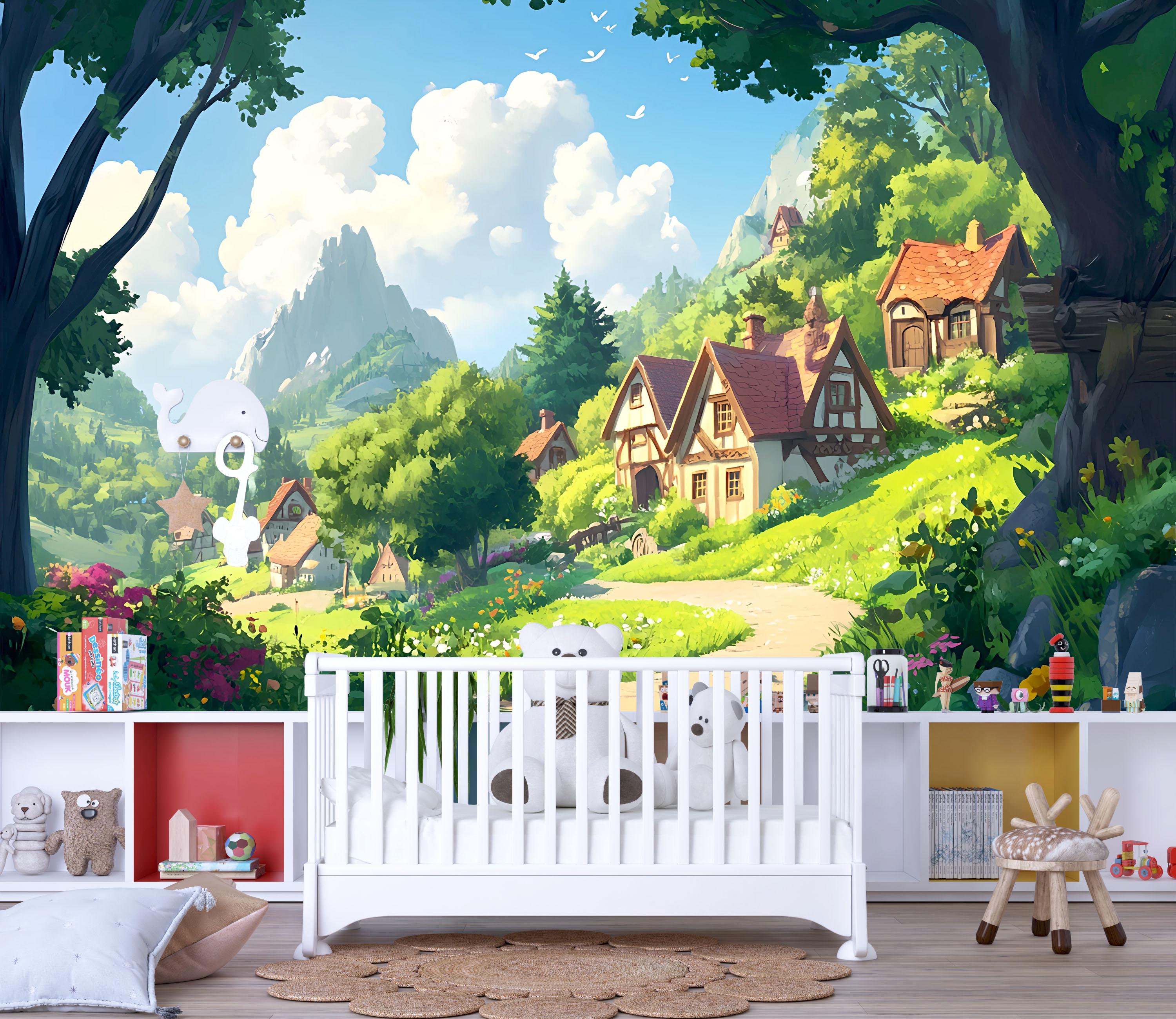 3D Storybook Village Wallpaper Mural for Nursery – Whimsical Cottage ...