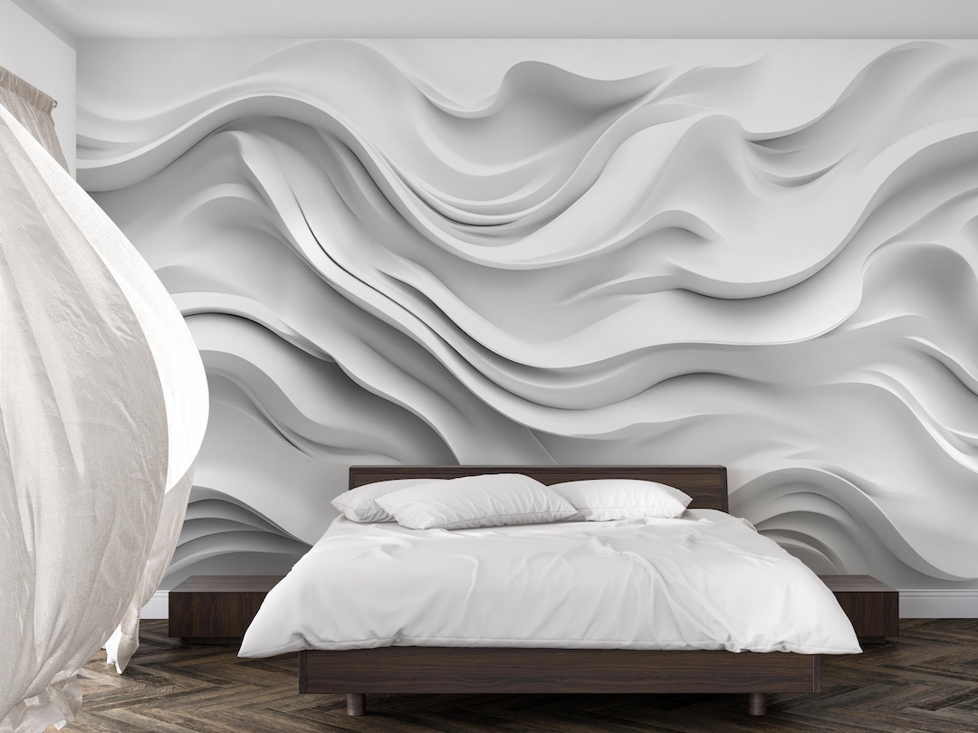 White Wavy 3D Wall Mural – Modern Minimalist Texture Wallpaper ...