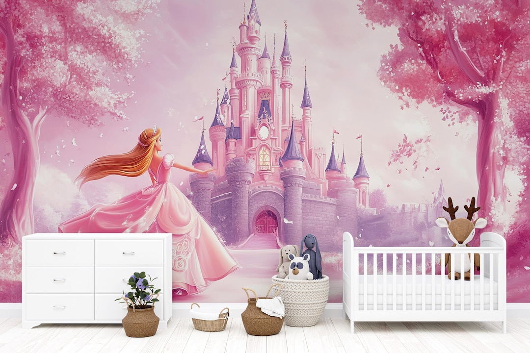 Princess Castle Wall Mural – Pink Fairytale Wallpaper for Girls Nursery ...