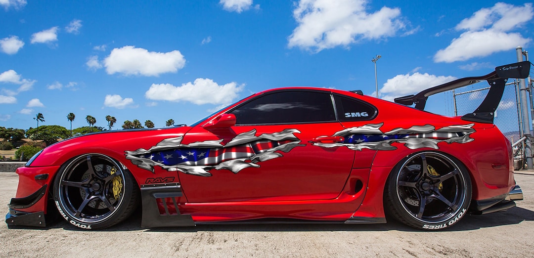 US Flag Car Wrap, American Pride Ripped Metal Full Color Car Vinyl ...