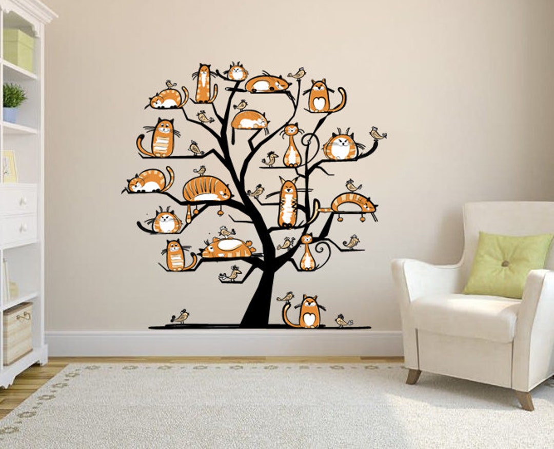 Wall Decal Art Stickers Wood, Wall Sticker Funny Cats Decor, Trees Cats ...