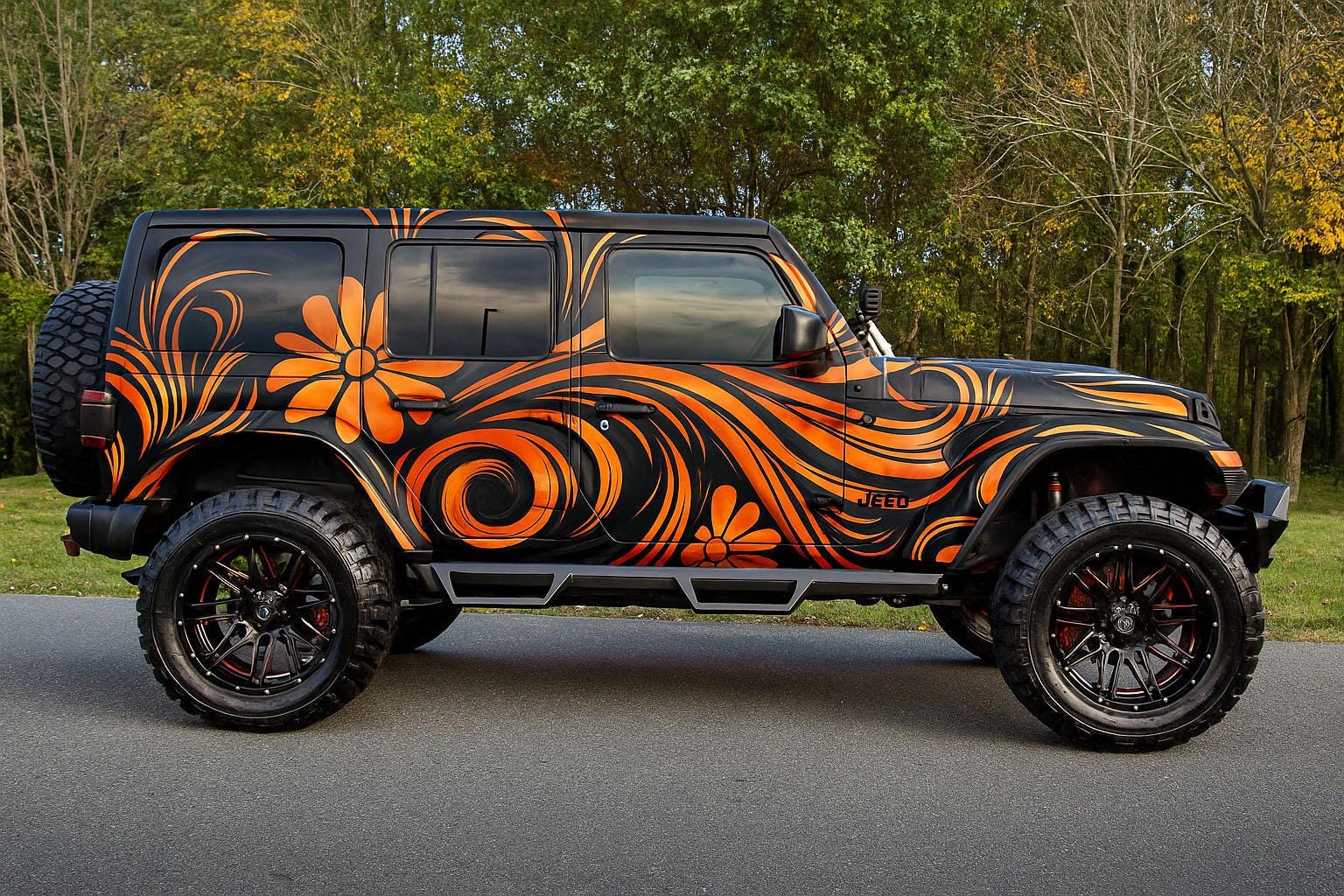 Orange Floral Swirl Car Wrap – Custom Bold Vinyl Graphic With Retro ...