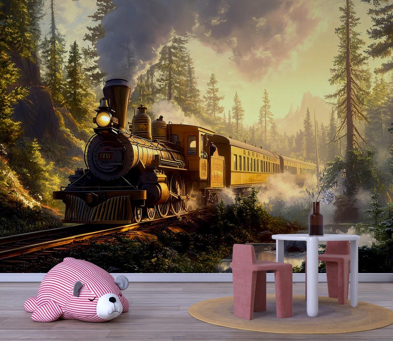 Watercolor Steam Train Forest Wallpaper / Vintage Train Wall Mural ...