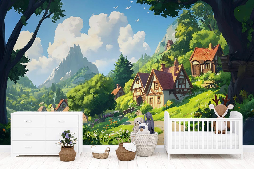 3D Storybook Village Wallpaper Mural for Nursery – Whimsical Cottage ...