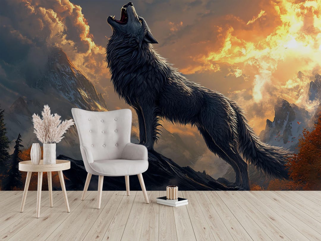 3D Wolf Howling Wall Mural - Majestic Mountain Landscape Art - Modern ...