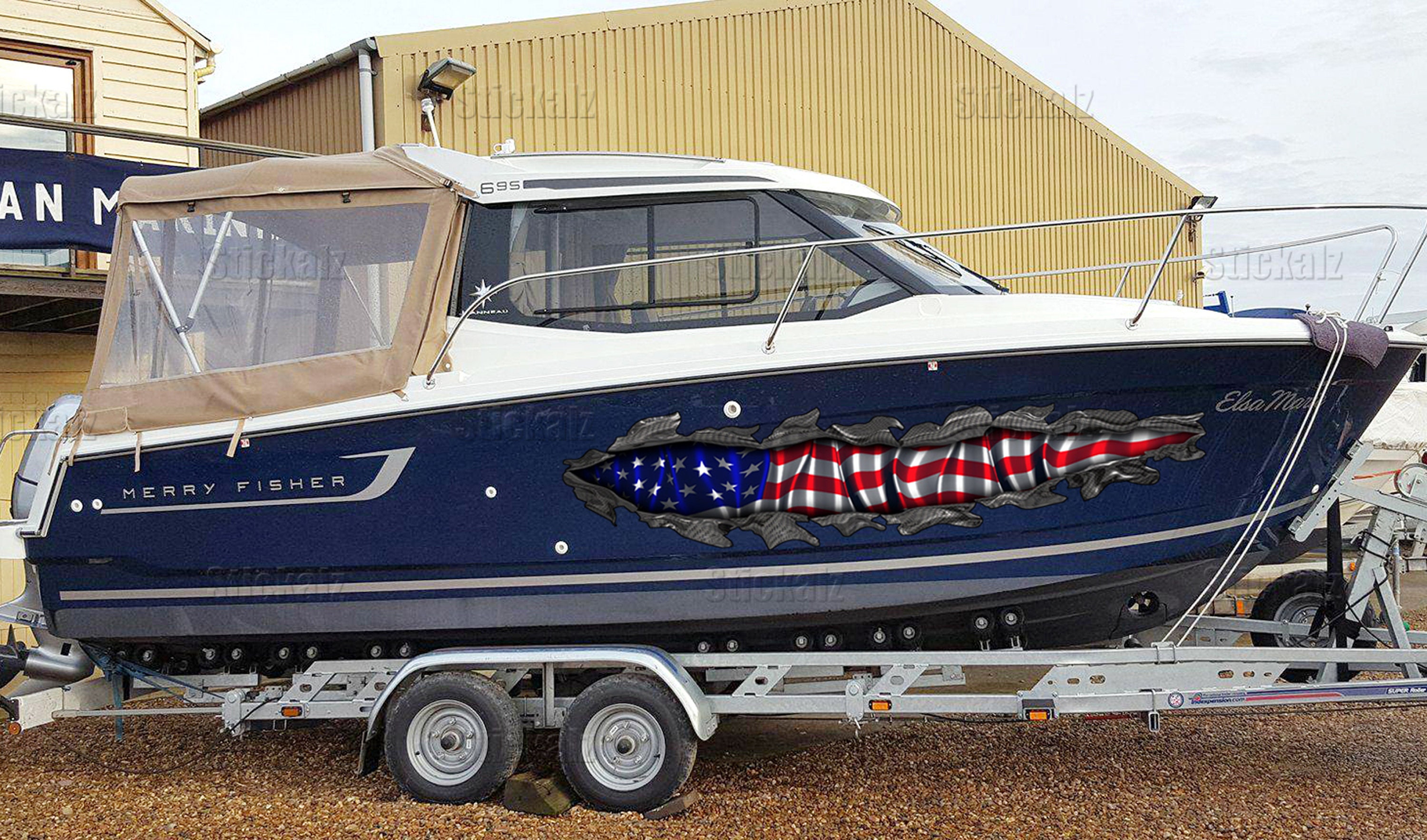 3D Watercraft Graphic USA Flag Boat Wrap Ripped Metal Full Color Speed ...