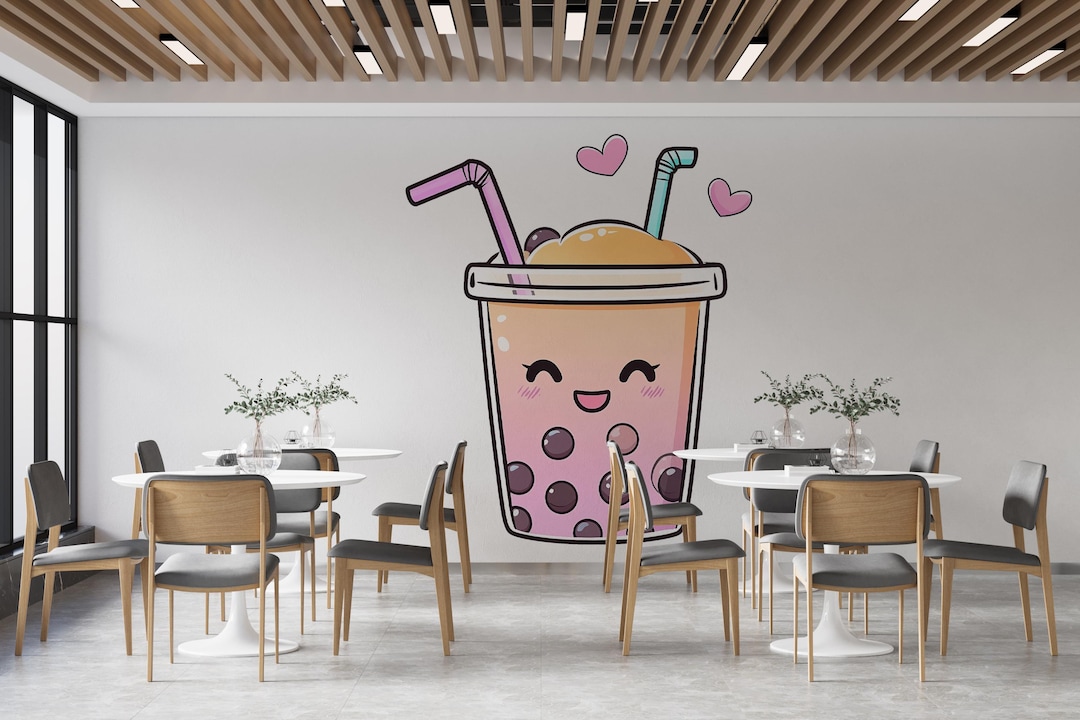 Cute Bubble Tea Wall Decal, Kawaii Boba Wall Sticker, Smiling Bubble ...