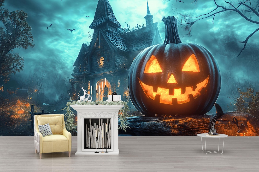 3D Halloween Pumpkin Haunted House Wallpaper Mural | Spooky Jack-o ...