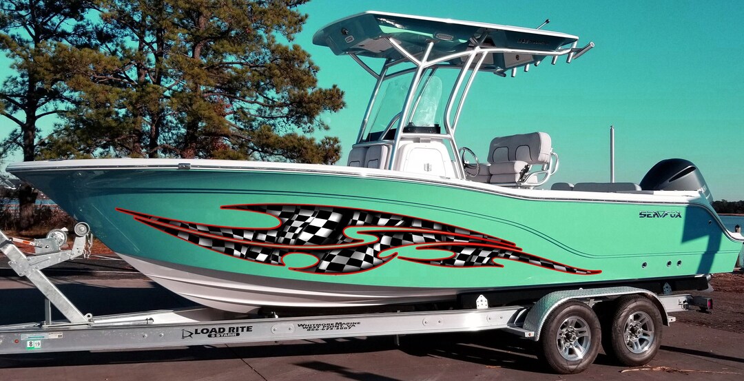 Racing Flag Boat Sticker, Checkered Flag Boat Full Color Vinyl Decal ...