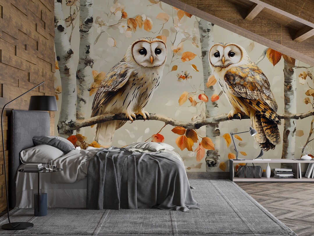 Barn Owl Wall Mural – Autumn Birch Forest Wallpaper With Twin Owls ...