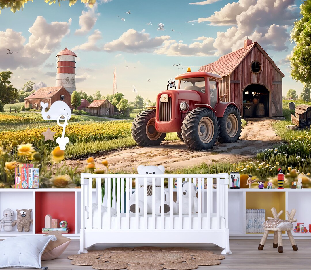 Realistic Red Tractor Farm Wall Mural – Barnyard Nursery Wallpaper ...