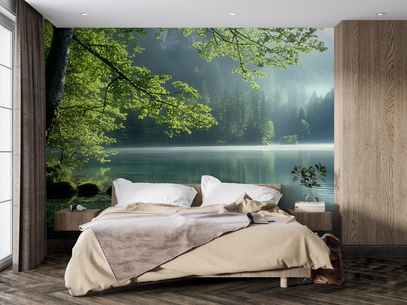 Forest Lake Wall Mural – Serene Nature Landscape Wallpaper – Misty Pine ...