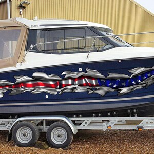 American Flag Boat Decal – Ripped Metal Vinyl Wrap for Boats, Patriotic ...
