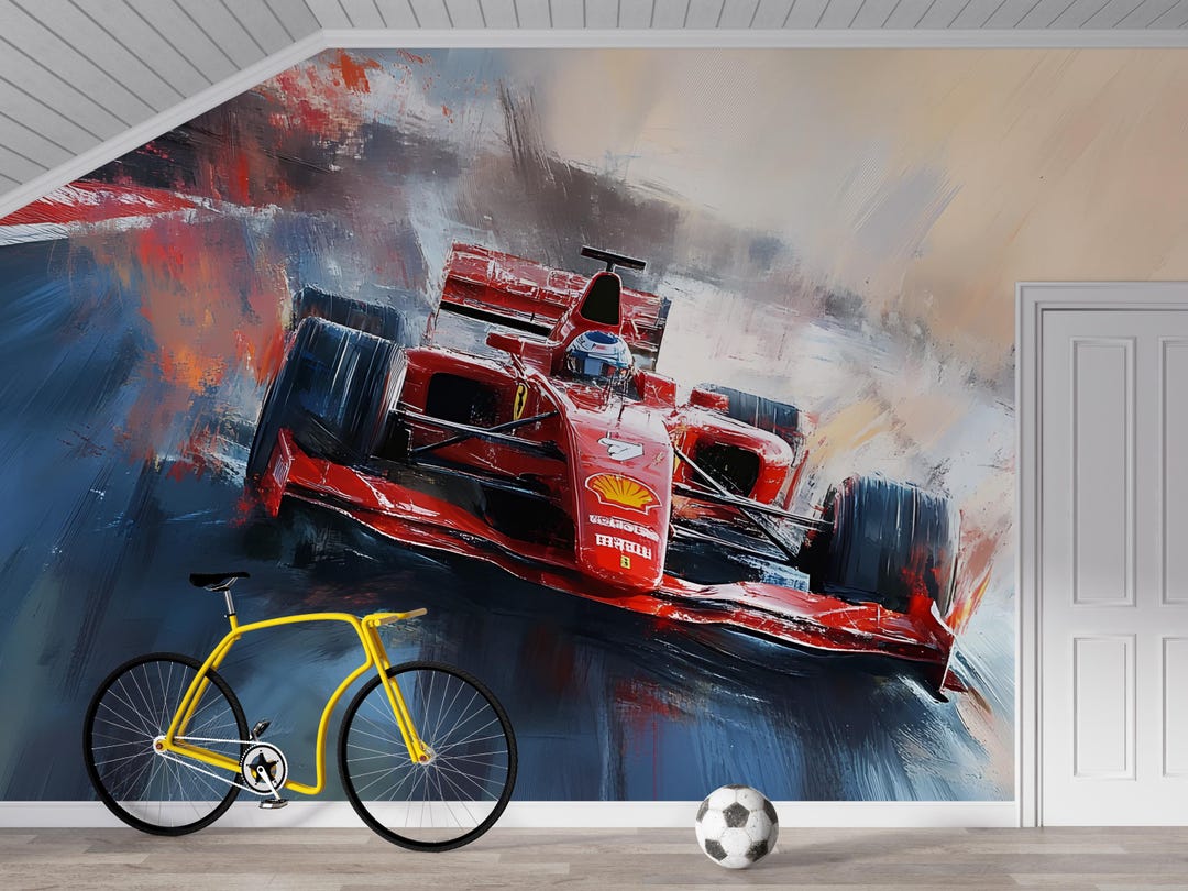 Formula 1 Wall Mural – Painted Racing Car Wallpaper, Red F1 Action ...
