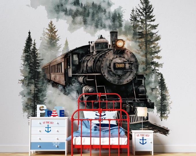 Train Wall Decal - Vintage Steam Train Stickers - Reusable Fabric Decal ...