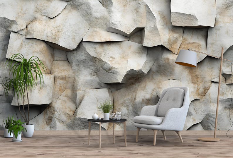 3D Stone Wall Mural – Realistic Rock Texture Wallpaper – Faux Stone ...