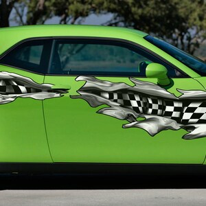 3D Checkered Flag Car Wrap, Ripped Metal Racing Flag Car Decal ...
