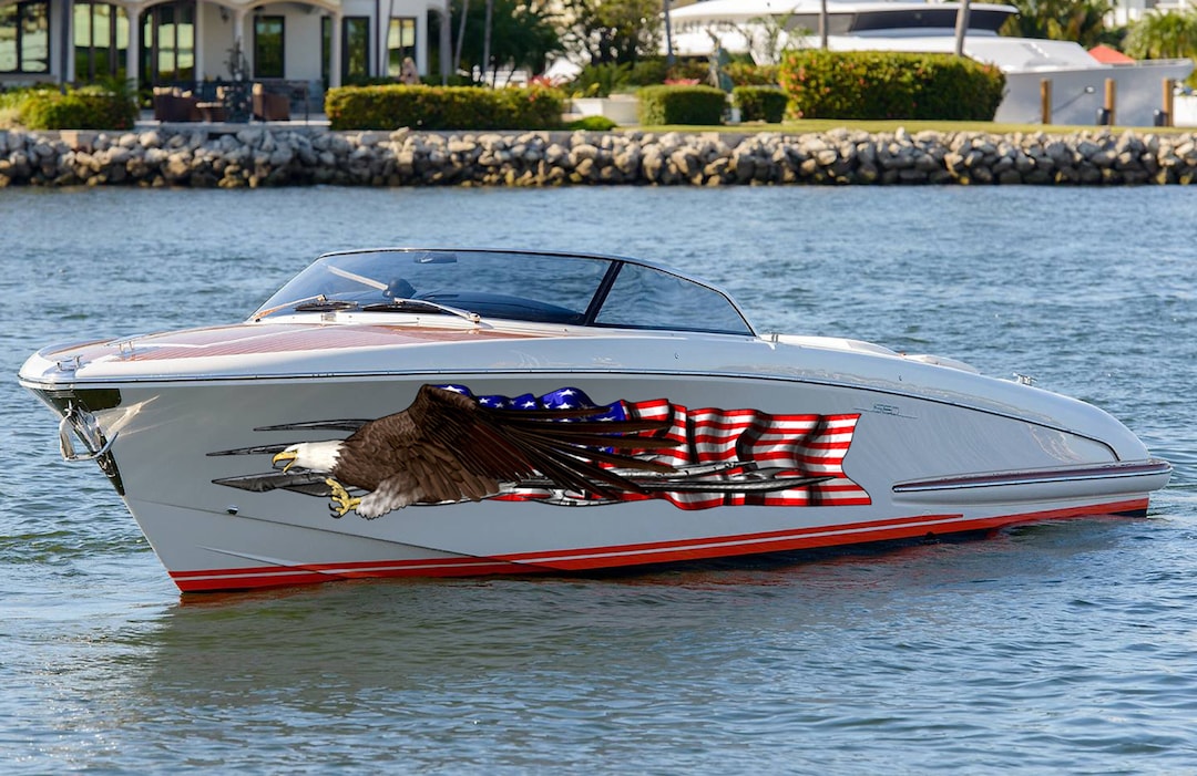 USA Flag Boat Wrap – 3D Ripped Metal Bald Eagle Vinyl Decal – Patriotic ...