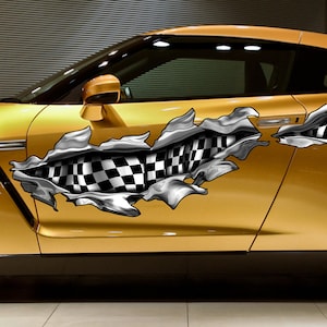 3D Checkered Flag Car Wrap, Ripped Metal Racing Flag Car Decal ...