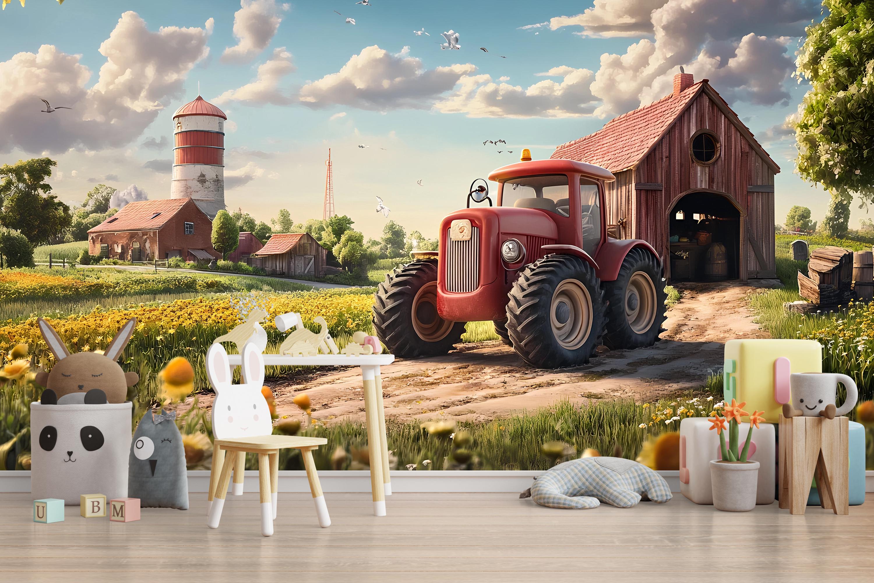 Realistic Red Tractor Farm Wall Mural – Barnyard Nursery Wallpaper ...
