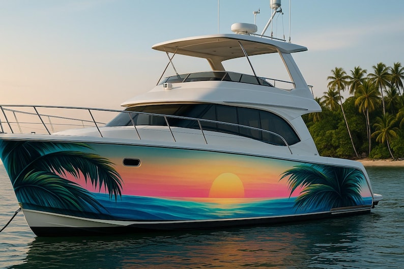 Tropical Sunset Boat Wrap – Palm Tree and Ocean Horizon Design, Vibrant ...