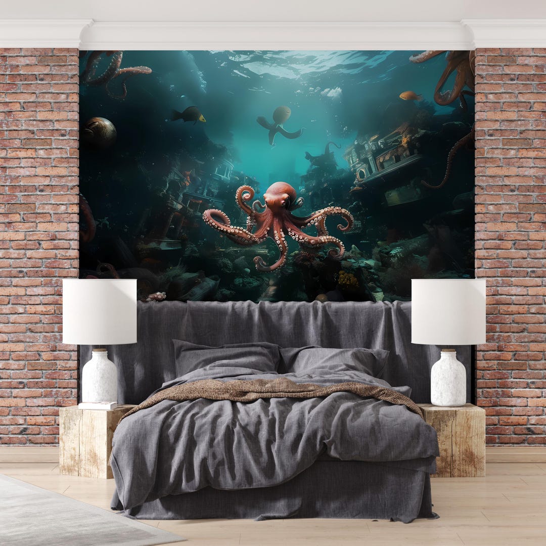 Octopus Wall Mural - Underwater Ocean Wallpaper - Marine Life Wall Art ...