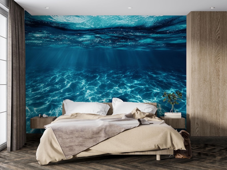 3D Underwater Ocean Wall Mural – Deep Blue Sea Wallpaper With Sun Rays ...