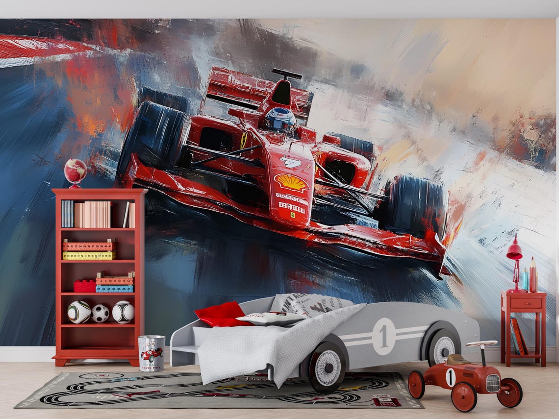 Formula 1 Wall Mural – Painted Racing Car Wallpaper, Red F1 Action ...