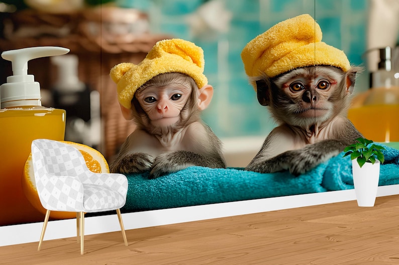 Funny Monkey Spa Wall Mural With Baby Monkeys in Towels | Playful ...