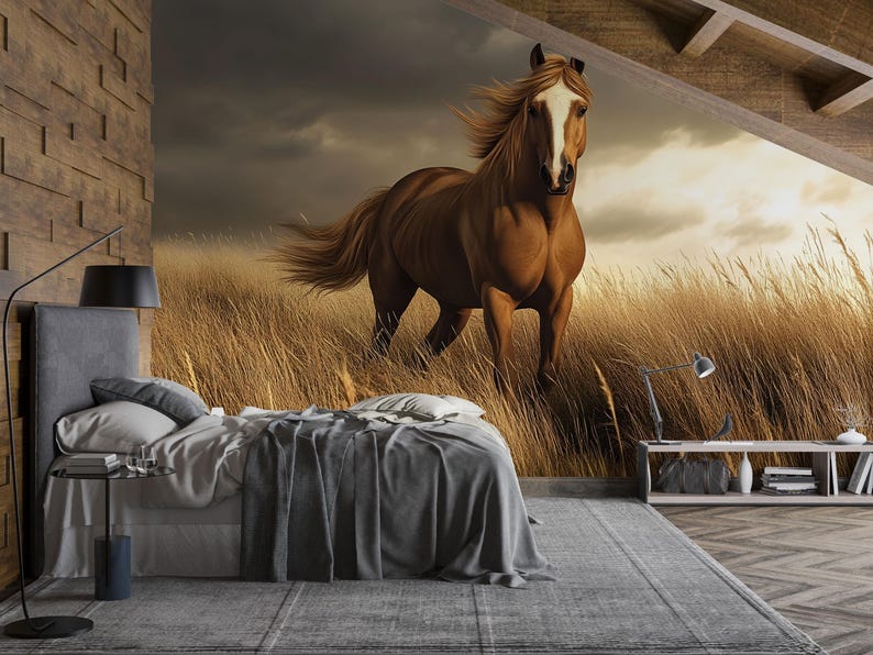 3D Running Horse Wallpaper Mural | Wild Stallion Wall Art for Boys Room ...